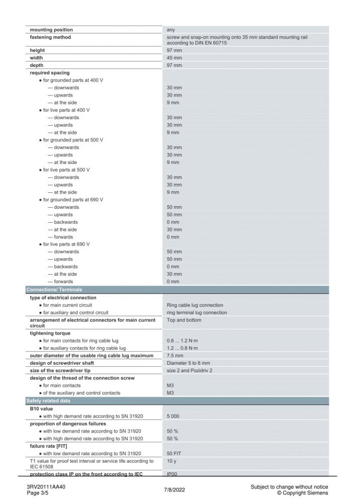 3RV20111AA40 datasheet page 3