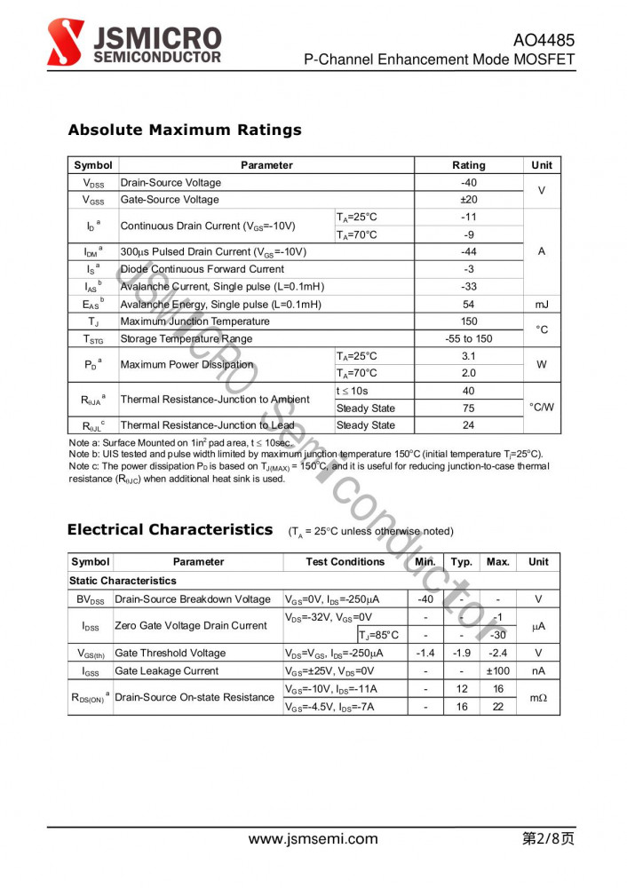 AO4485 datasheet page 2