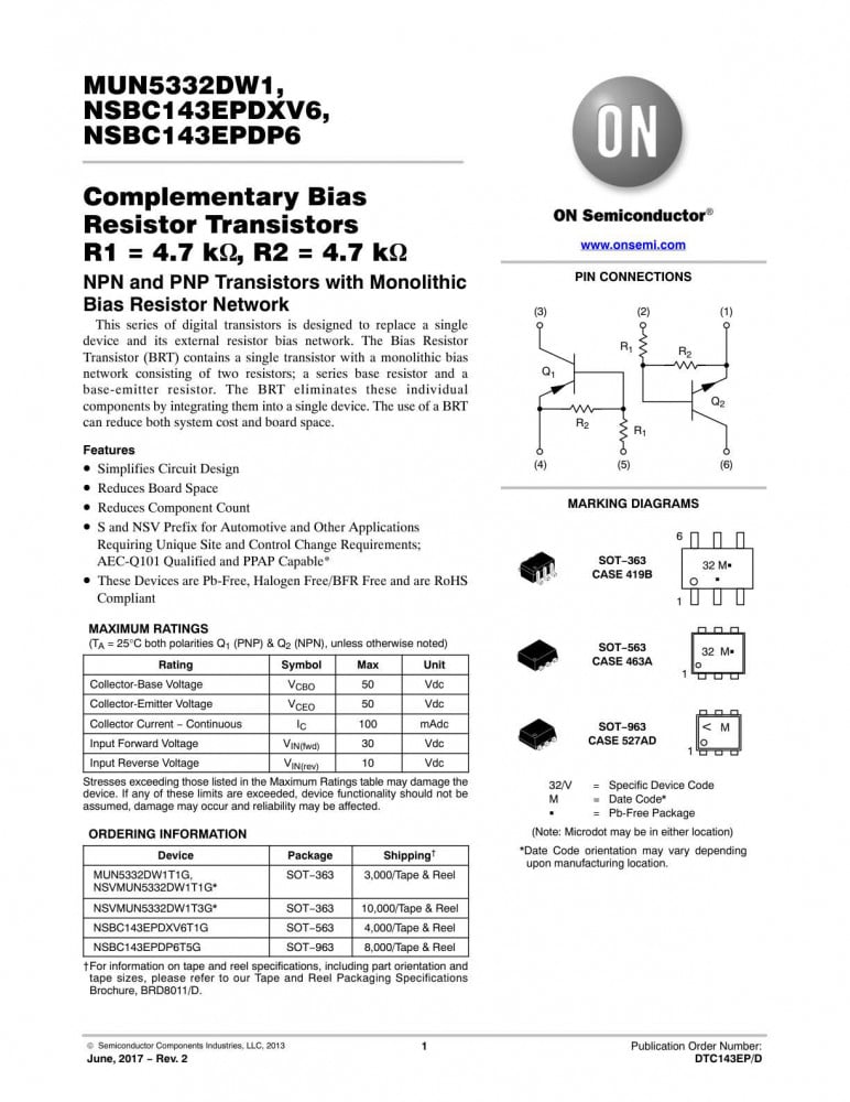 NSVMUN5332DW1T1G datasheet page 1