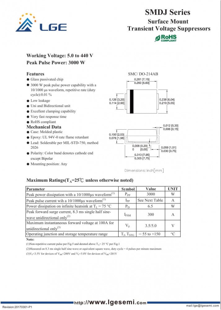 LGE SMDJ TVS diode datasheet page 1