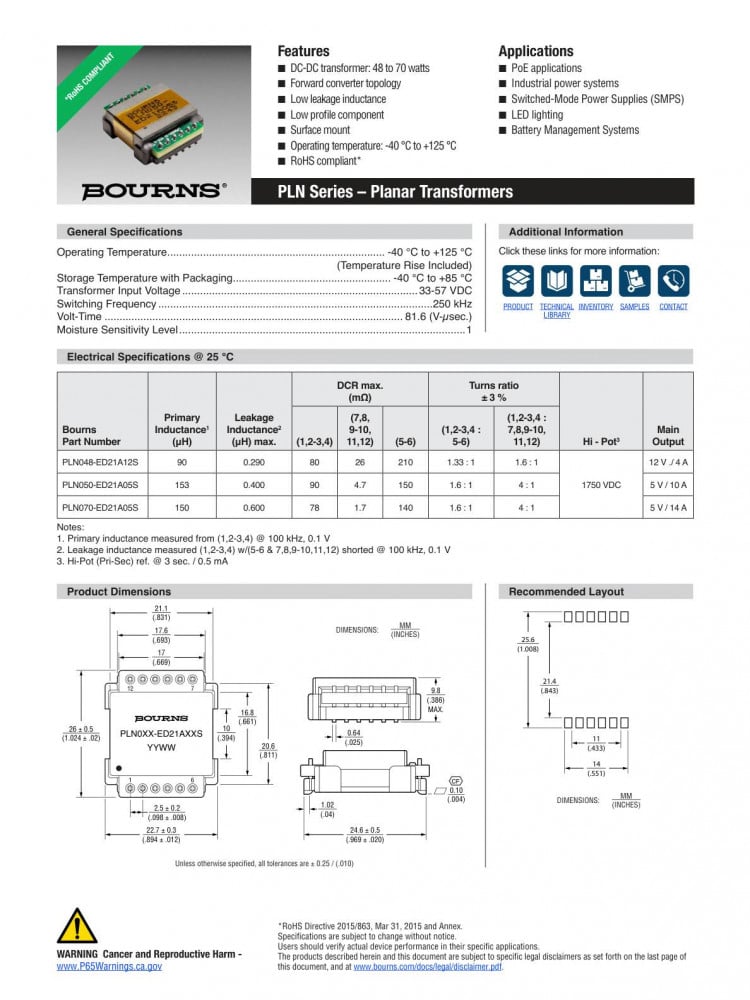 BOURNS PLN Series planar transformer document page 1