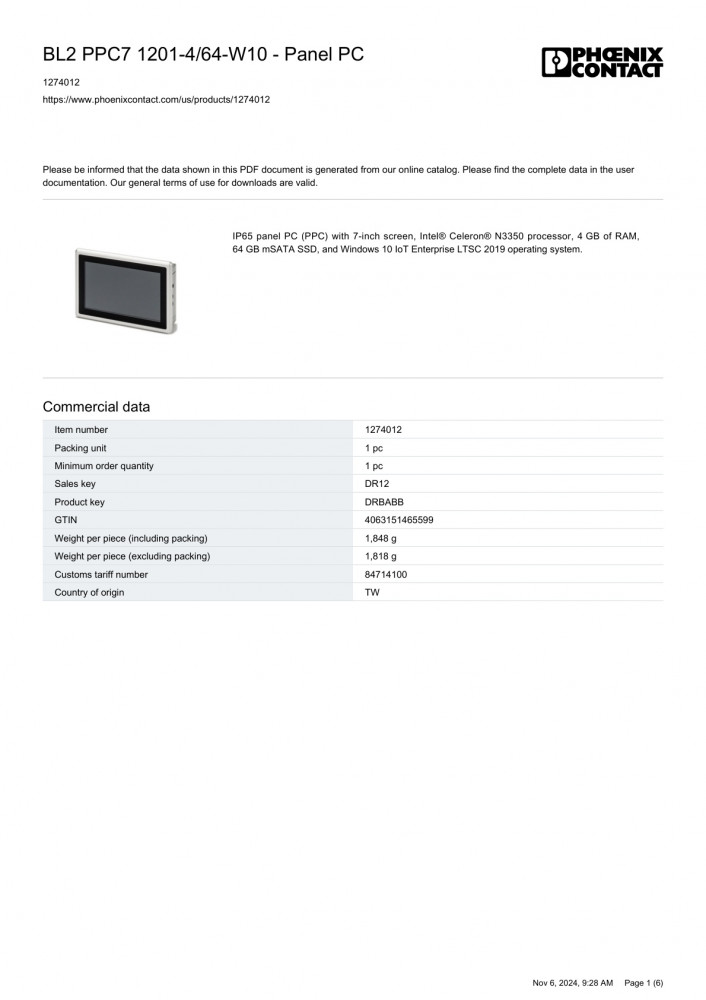 Phoenix Contact 1274012 product document page 1