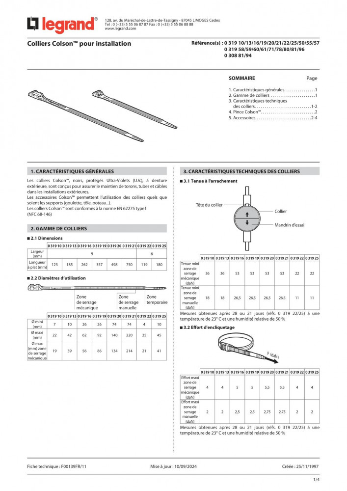 Legrand Colson installation ties technical document, page 1