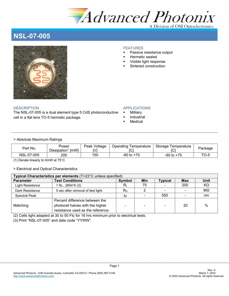 NSL-07-005 datasheet page 1