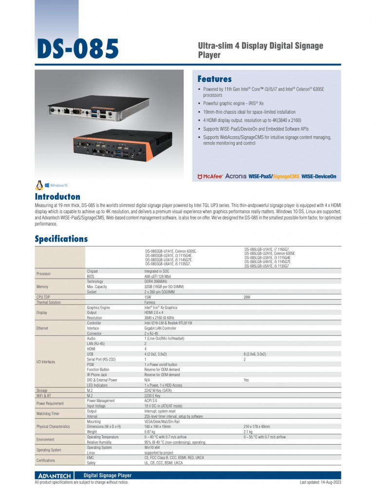 ADVANTECH DS-085 document page 1