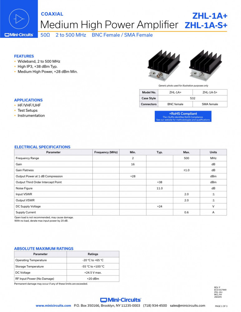 ZHL-1A-S+ technical document, page 1