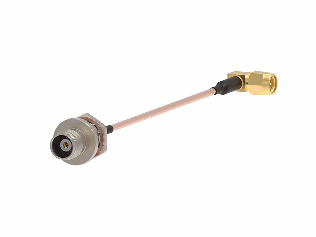SMA Straight Bulkhead Jack RP to MCRF Right-Angle Plug on 1.32mm Cable, 829.40mm Length, 50 Ohms
