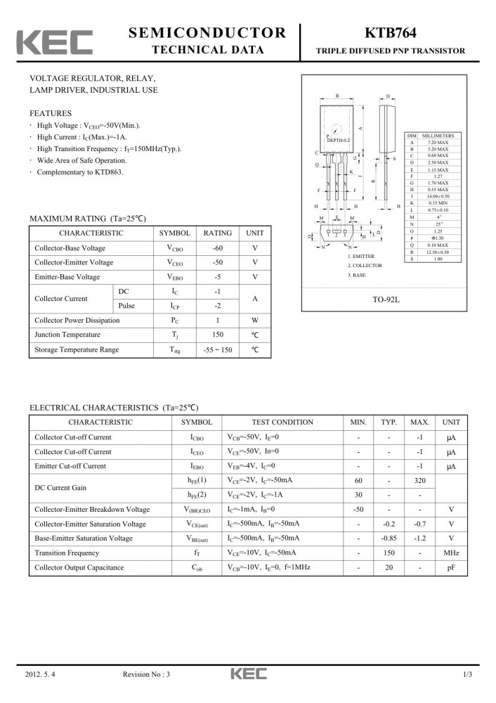 KTB764-GR-AT/P datasheet page 1