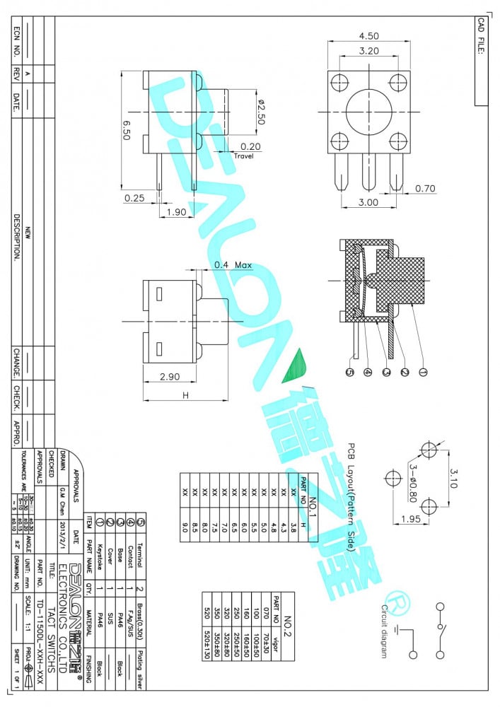 DEALON tact switch drawing for TC-1150DL-8.0H-250