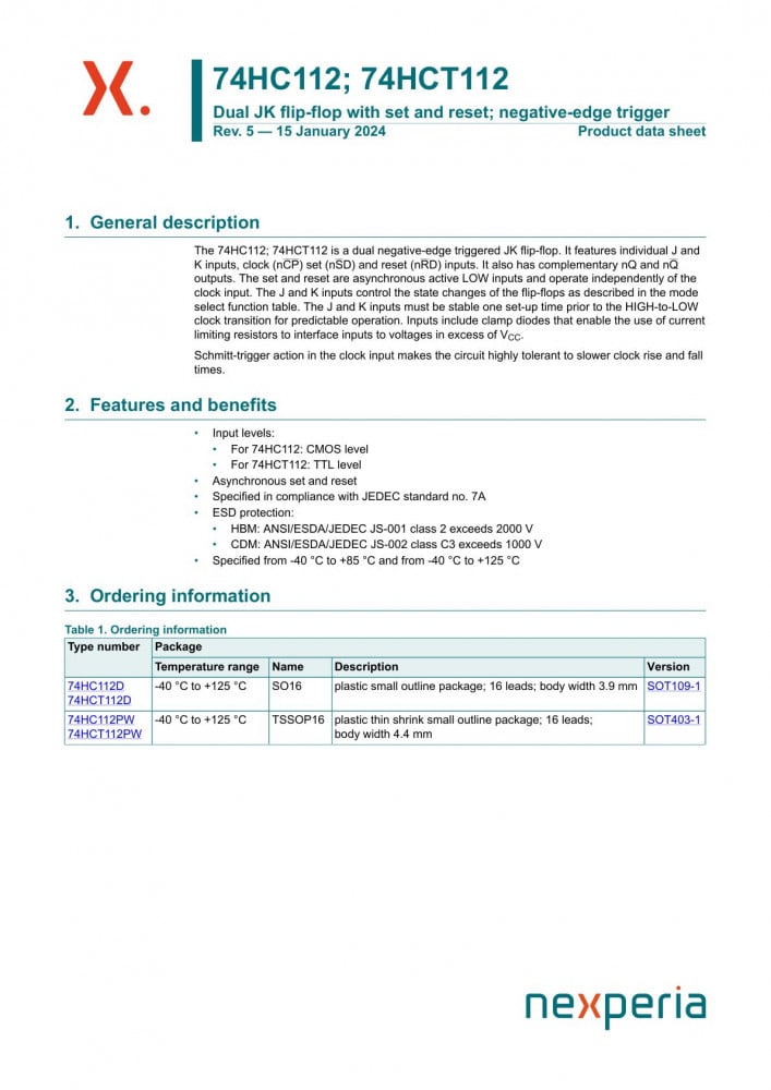 74HC112 datasheet page 1