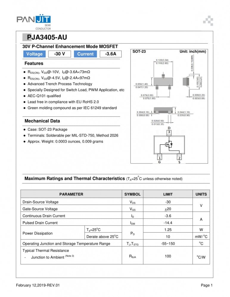 PJA3405-AU datasheet page 1