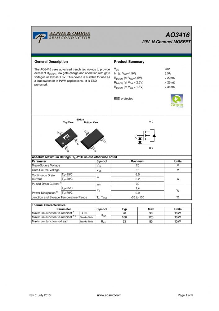 AO3416 datasheet page 1