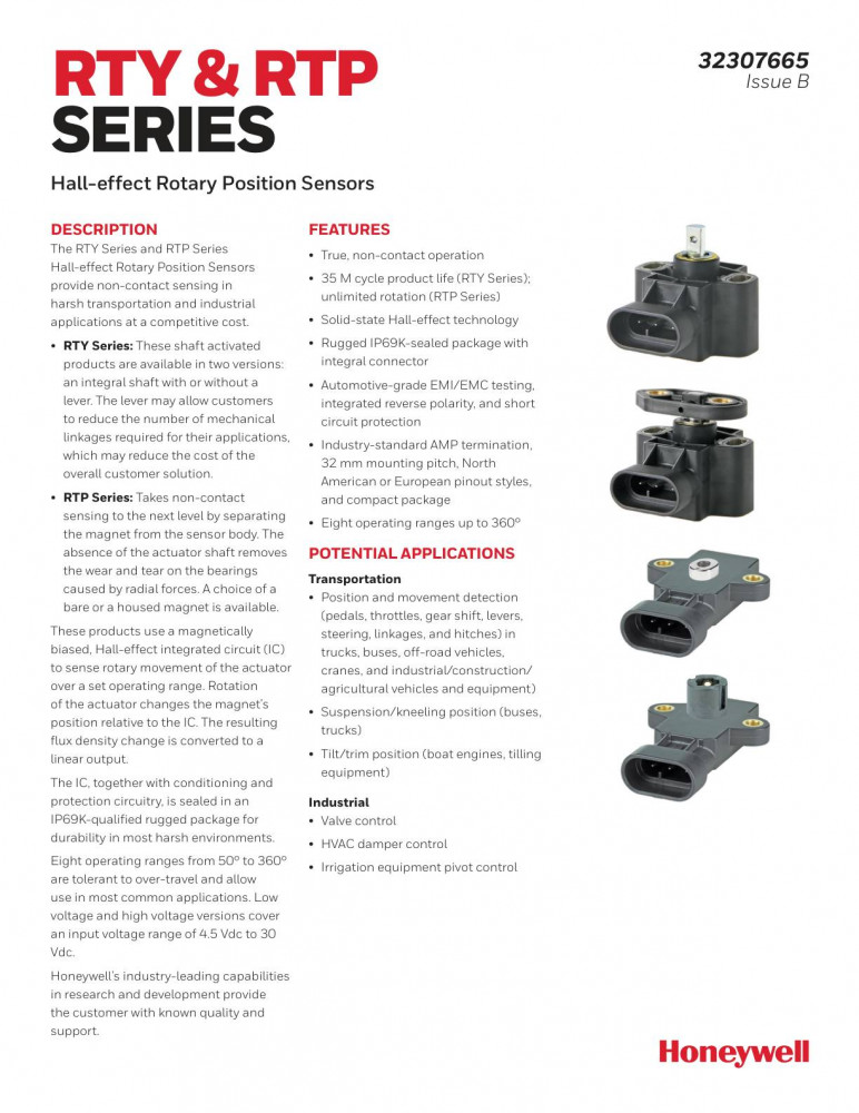 Honeywell RTY and RTP datasheet page 1