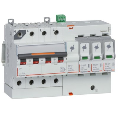 T1+T2 8kA 3 poles surge arrester - SPD T2 40kA 2P - 230V AC TN systems - Imax 40kA/pole - DIN rail 2 modules IP20