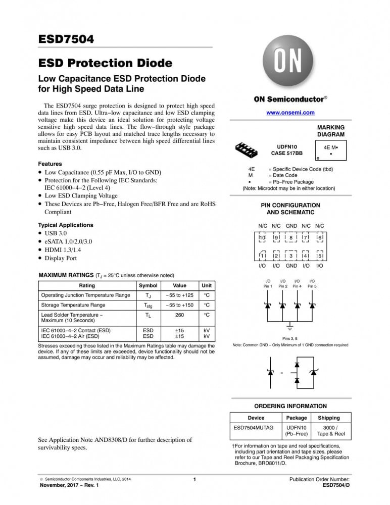 ESD7504MUTAG datasheet page 1