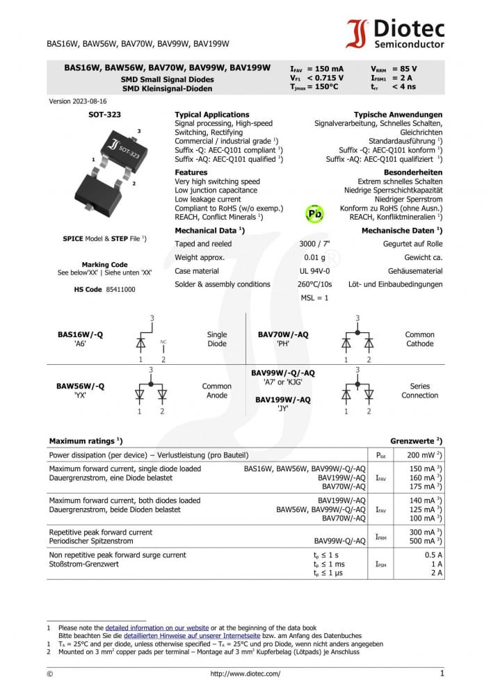 DIOTEC BAV199W datasheet page 1