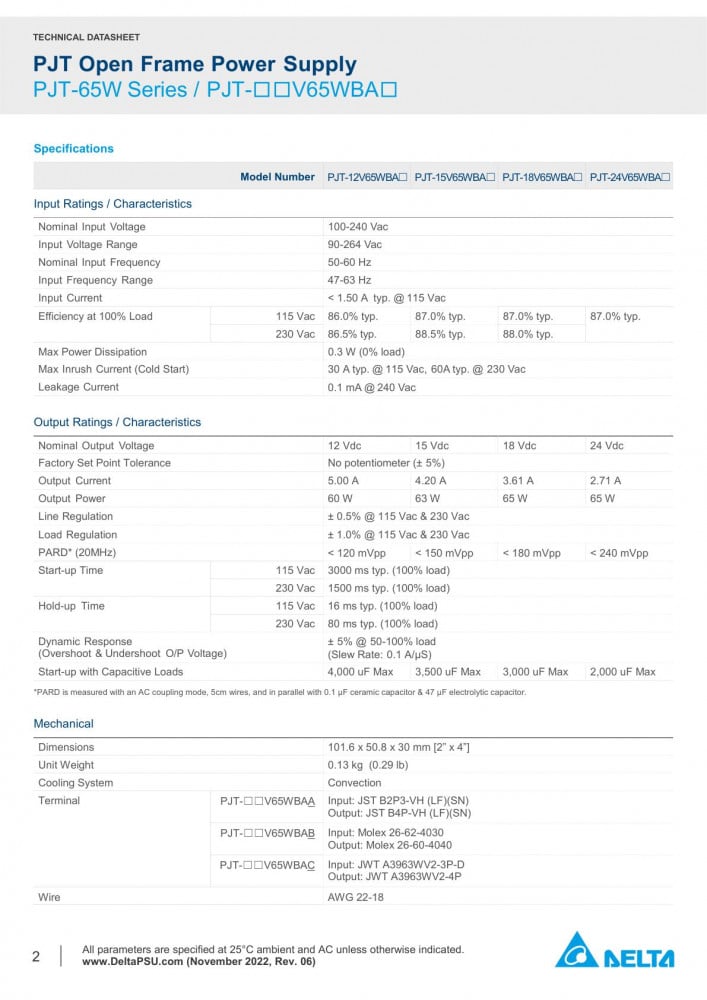 DELTA PJT-65W datasheet page 2
