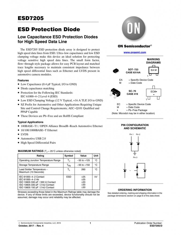 SZESD7205WTT1G datasheet page 1
