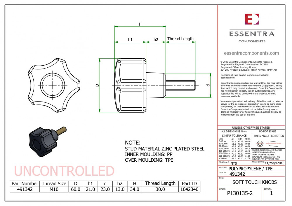 Essentra 491342 soft touch knob technical drawing