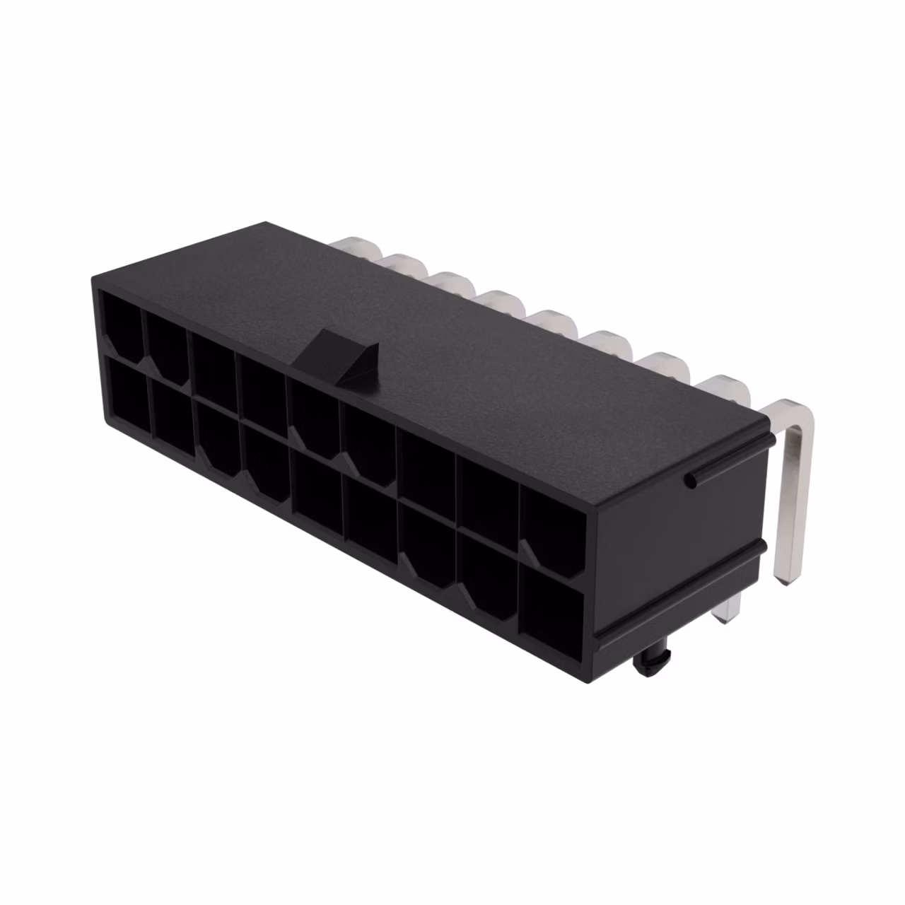 Mini-Fit Jr. Header, Dual Row, Right-Angle, with Snap-in Plastic Peg PCB Lock, 18 Circuits, UL 94V-0, Select Gold (Au) Plating, Black, Tray for sale