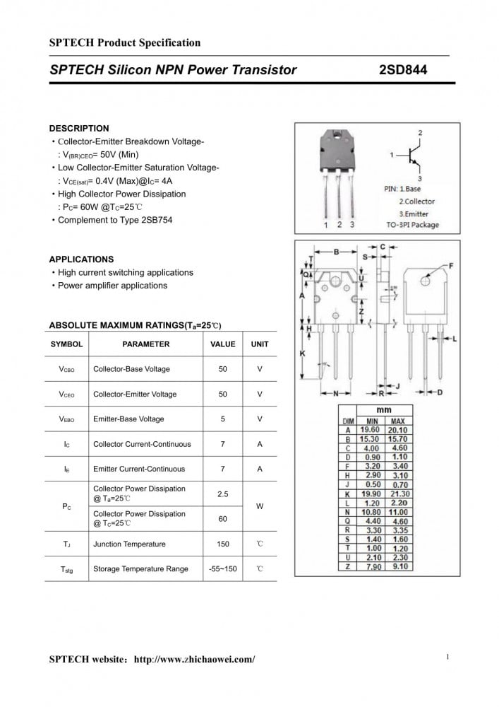 2SD844 SPTECH datasheet page 1