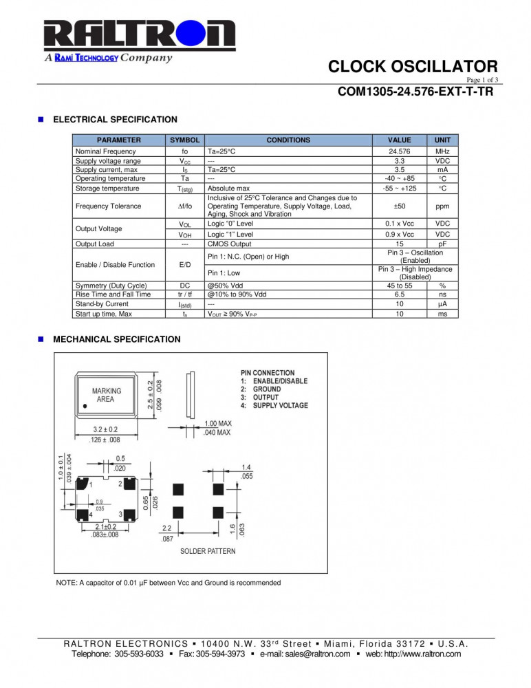 COM1305-24.576-EXT-T-TR product specification page 1
