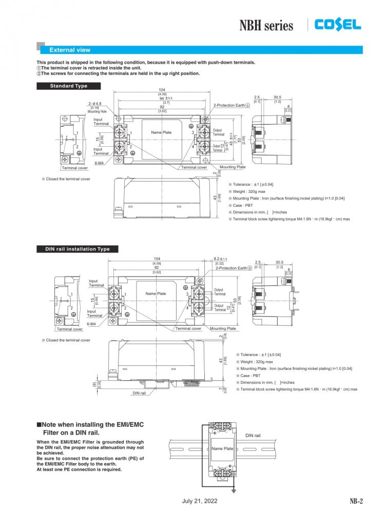 Cosel NBH series mechanical drawing page
