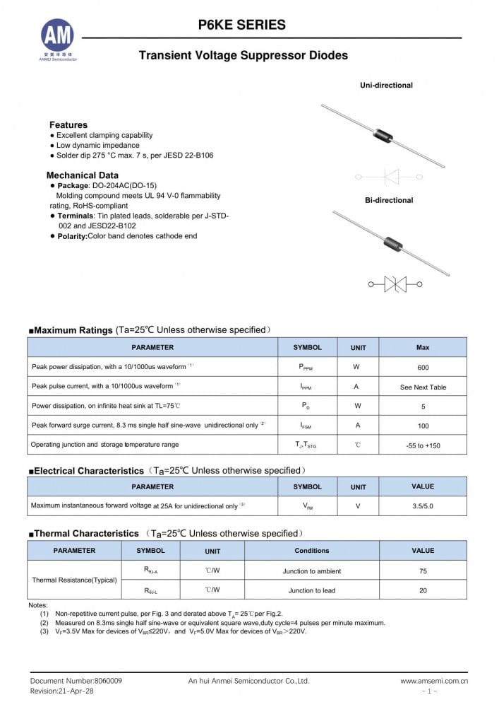 P6KE6.8CA datasheet page 1
