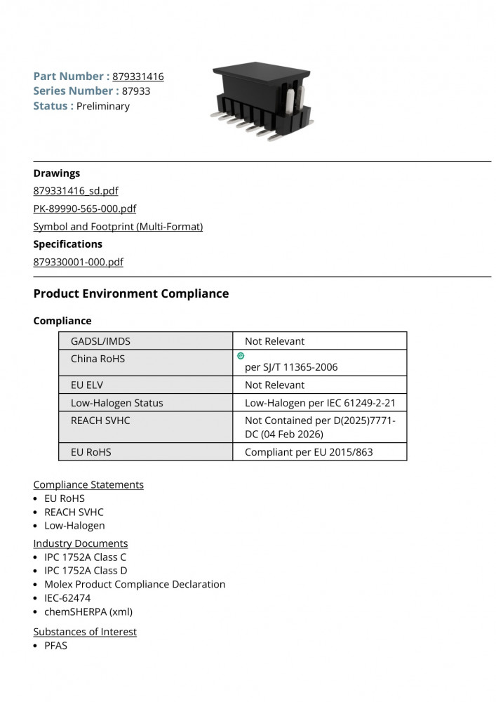Molex 879331416 technical drawing page 1