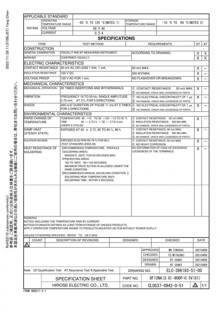 HRS DF12NA specification sheet page 1