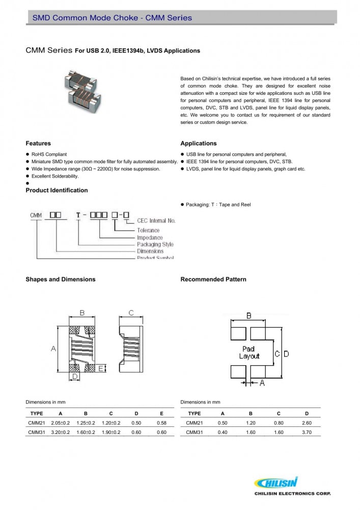 Chilisin CMM series datasheet page 1