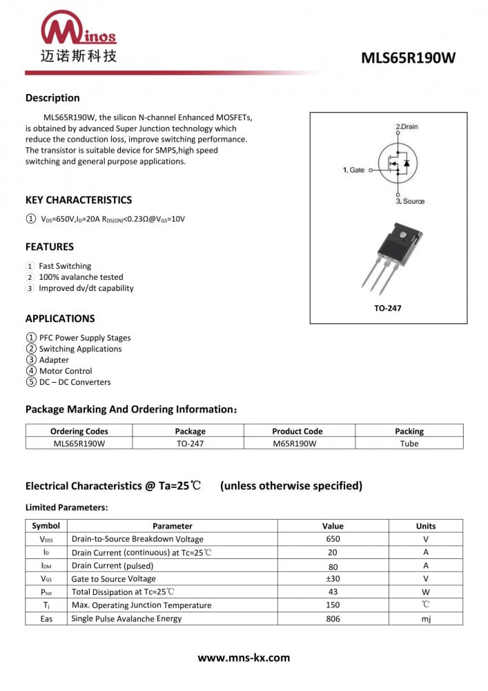 MLS65R190W datasheet page 1