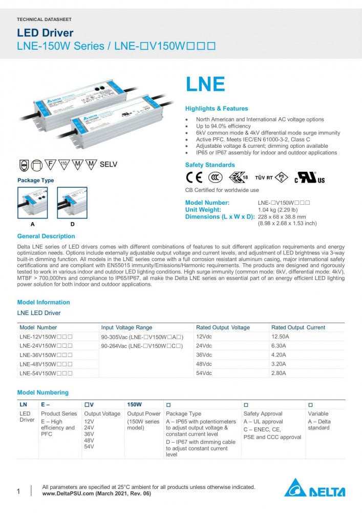 LNE-150W datasheet page 1