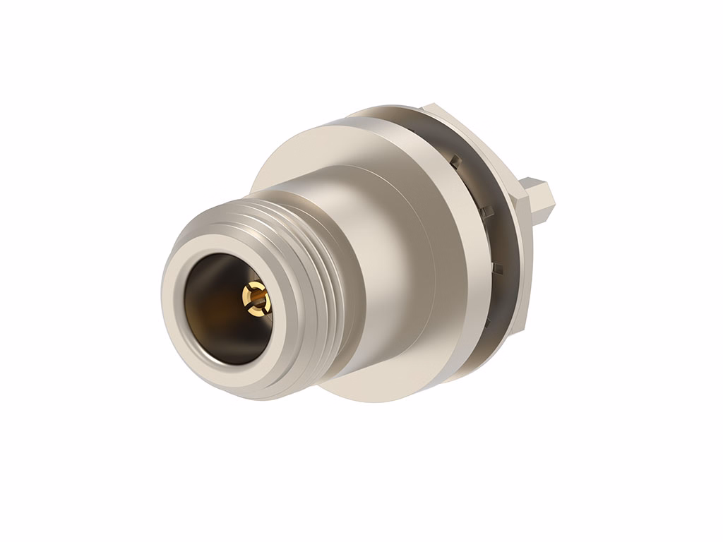 N Jack, Right-Angle, Bulkhead Receptacle, PCB, Through Hole, Brass Body, Tin (Sn) Plated, with Jam Nut and Lockwasher, Tray, 50 Ohms