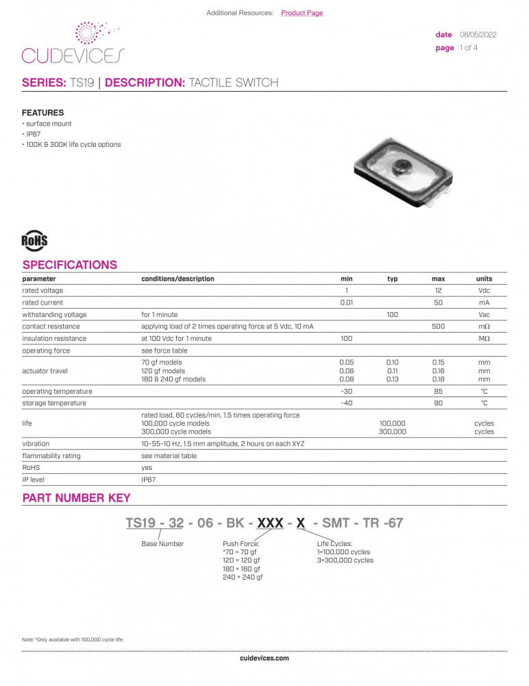 CUI TS19 product documentation page 1