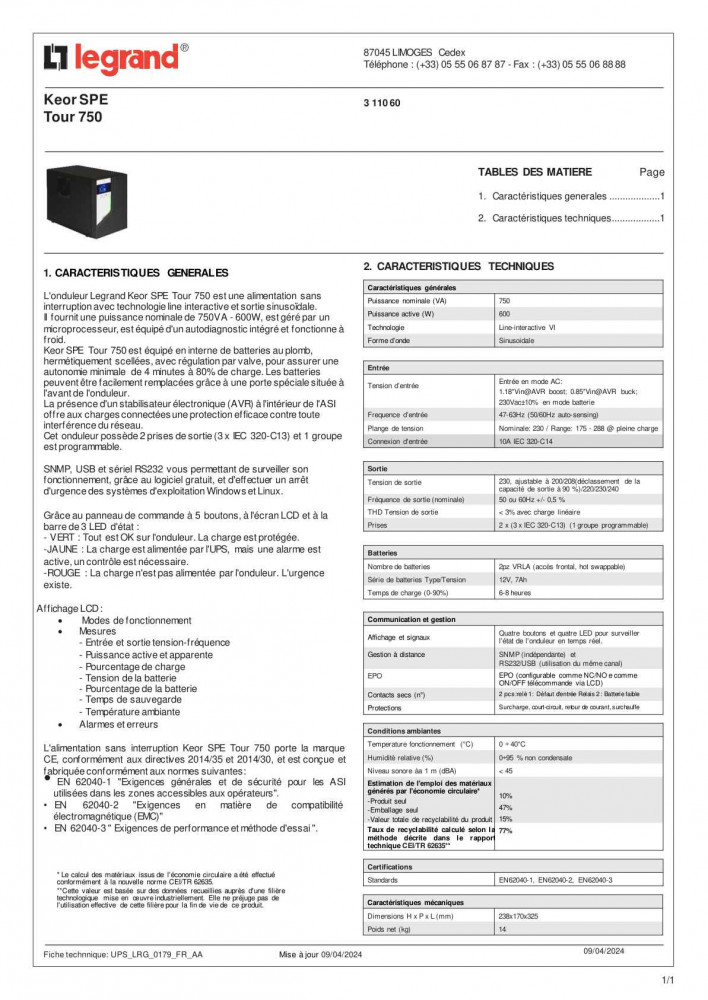 Legrand Keor SPE Tower 750 technical document preview