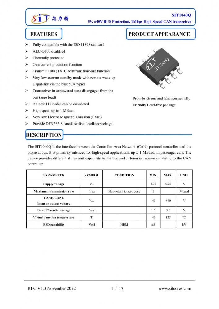 SIT1040QT datasheet page 1