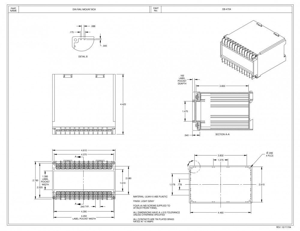 Bud Industries DB-4704 DIN rail mount box product drawing