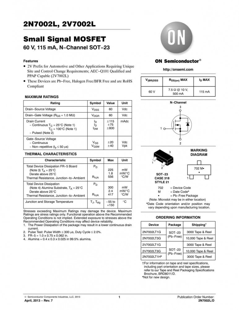 2N7002LT1G datasheet page 1