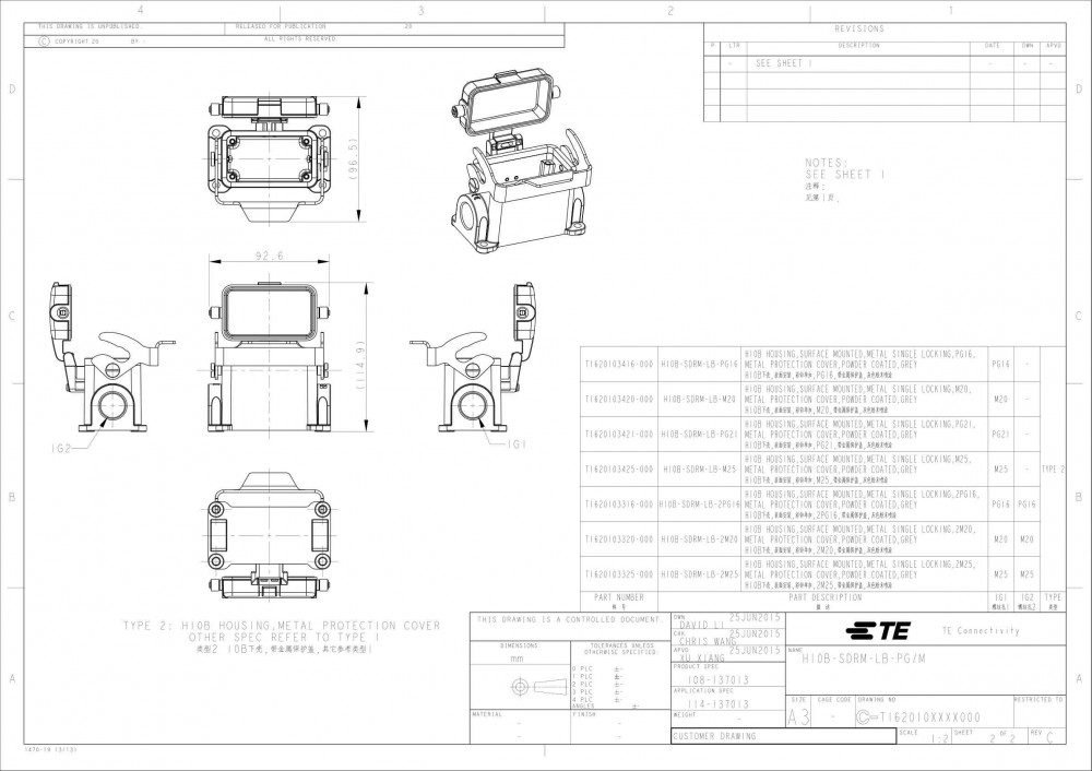 Technical drawing page 2 for the H10B housing family