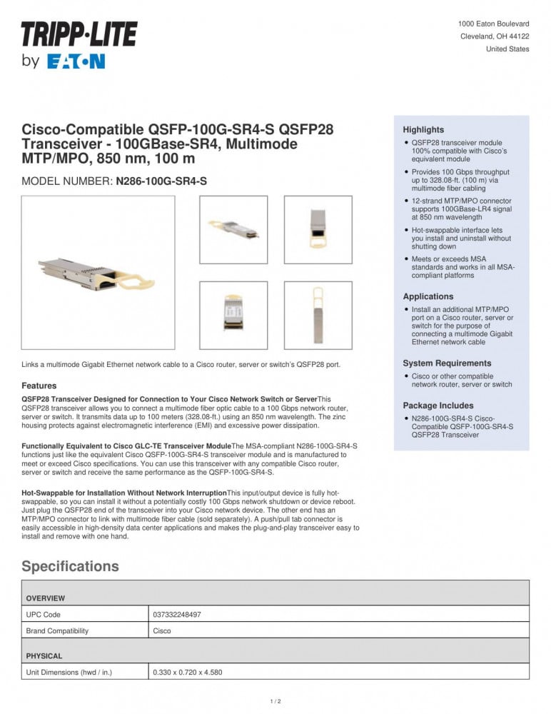 N286-100G-SR4-S technical document page 1