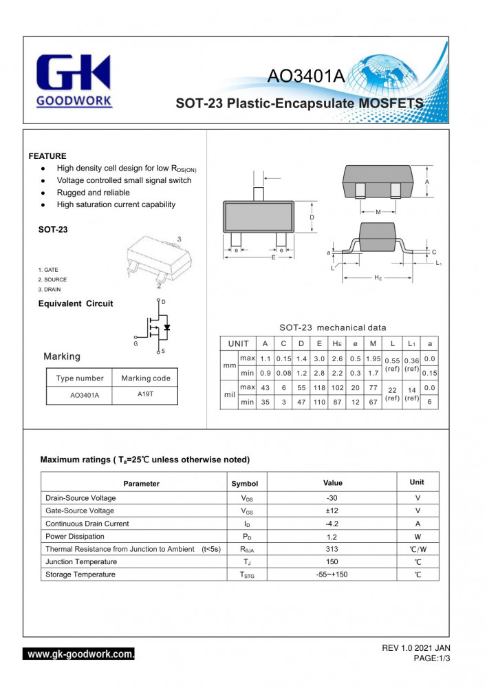 AO3401A technical document page 1
