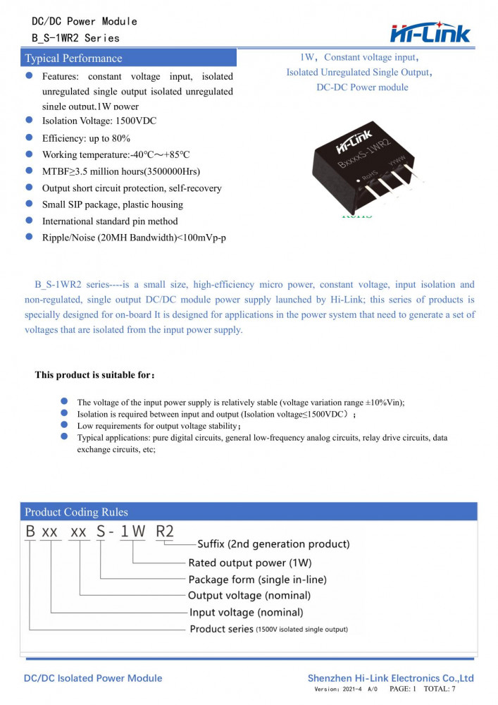 B0505S-1WR2 datasheet page 1