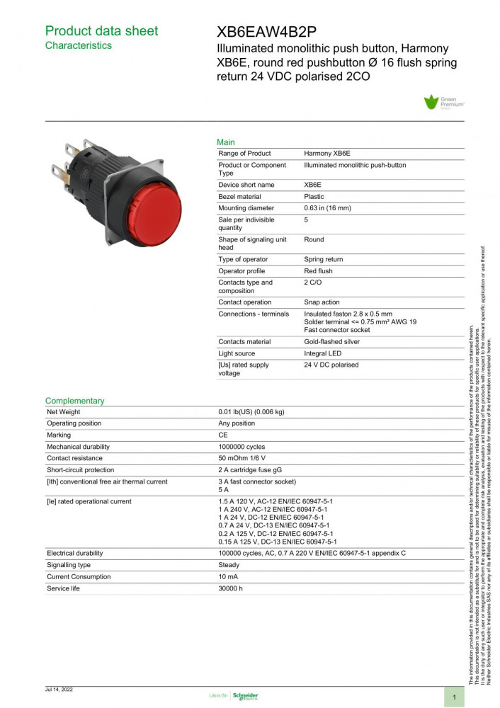 XB6EAW4B2P technical document page 1