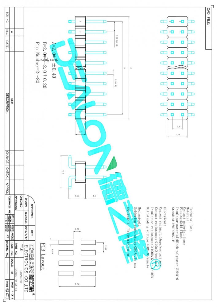DEALON DZ200S-22-14-64 connector technical drawing