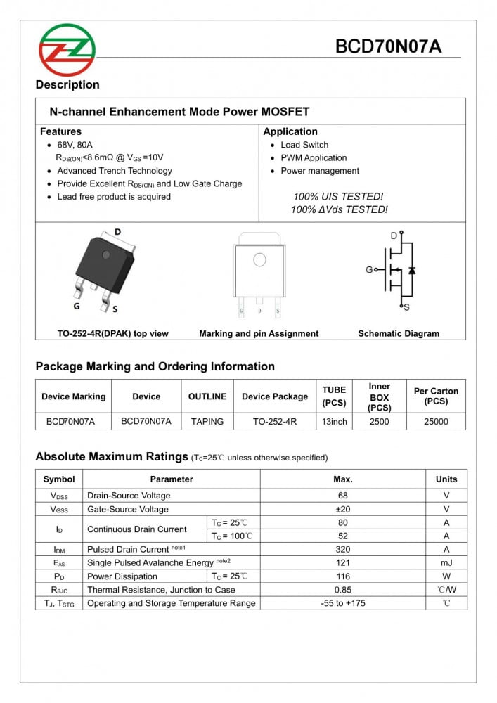 BCD70N07A datasheet page 1