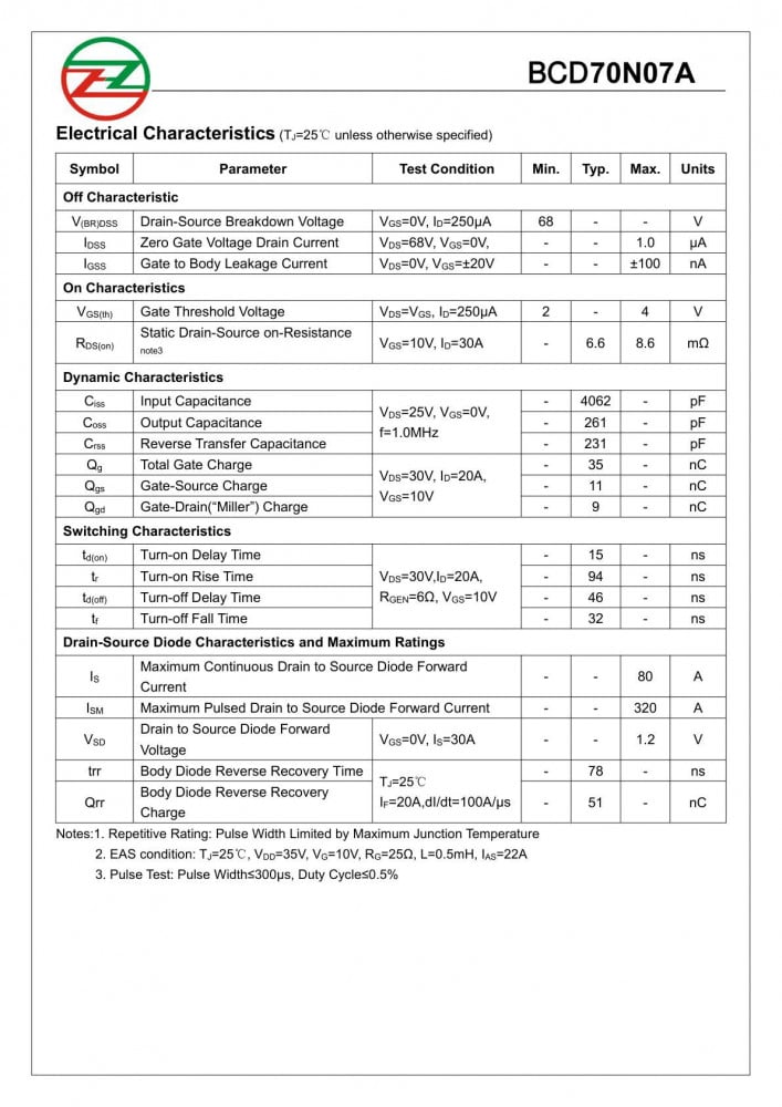 BCD70N07A datasheet page 2