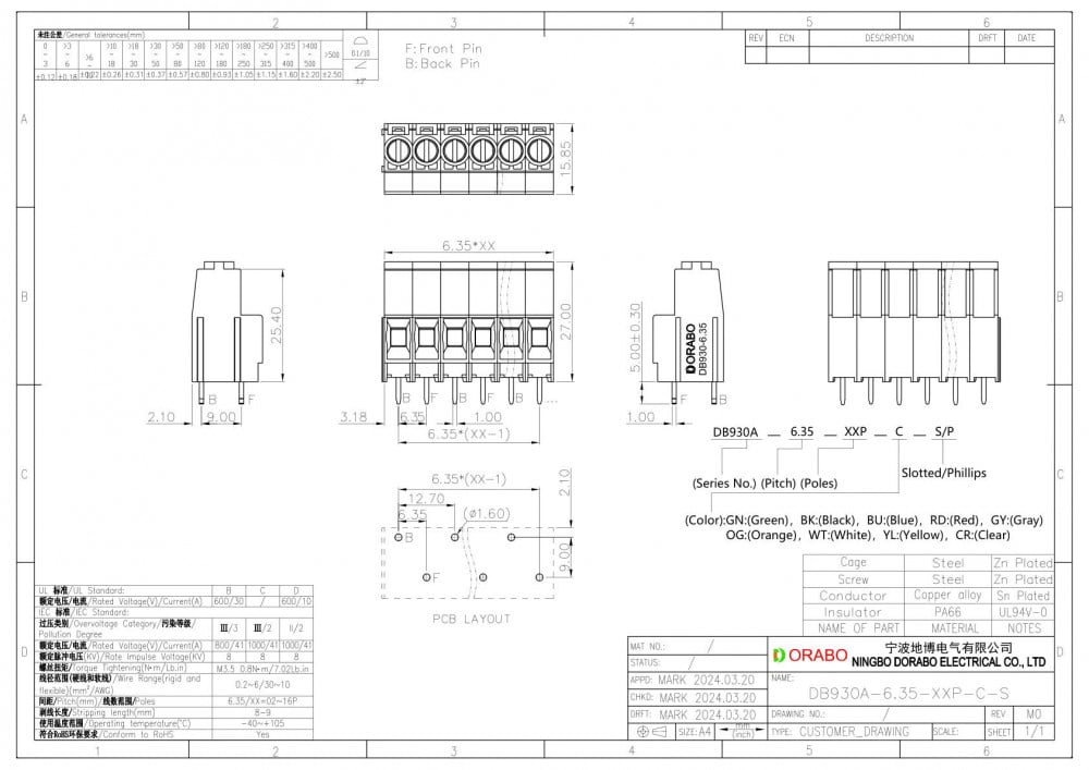 DORABO DB930A-6.35-1P-GN-S technical drawing preview