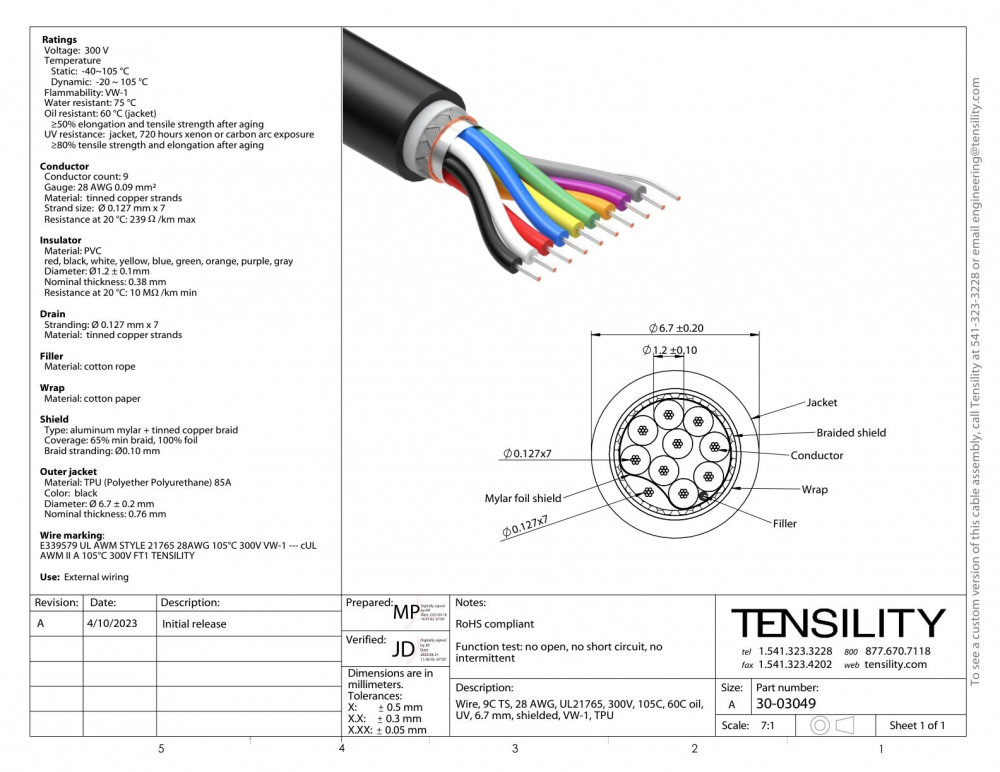 Tensility International 30-03049 product drawing and cable construction specifications