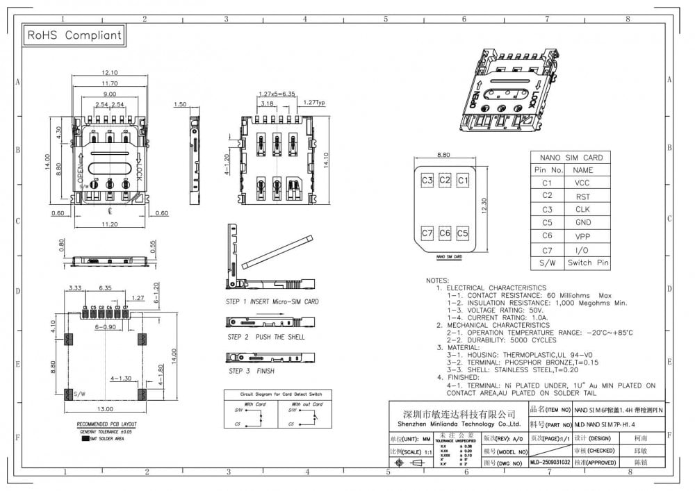MLD-NANO SIM 7P-H1.4 technical drawing page